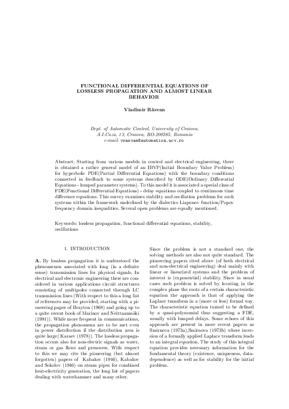 (PDF) Functional Differential Equations of Lossless Propagation and Almost Linear Behavior