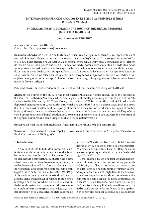 (PDF) Enterramientos Fenicios Arcaicos en El Sur De La Penã nsula Ibã rica (Siglos IX-VIII A. C.)
