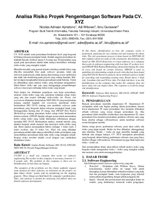 (PDF) Analisa Risiko Proyek Pengembangan Software Pada CV. XYZ