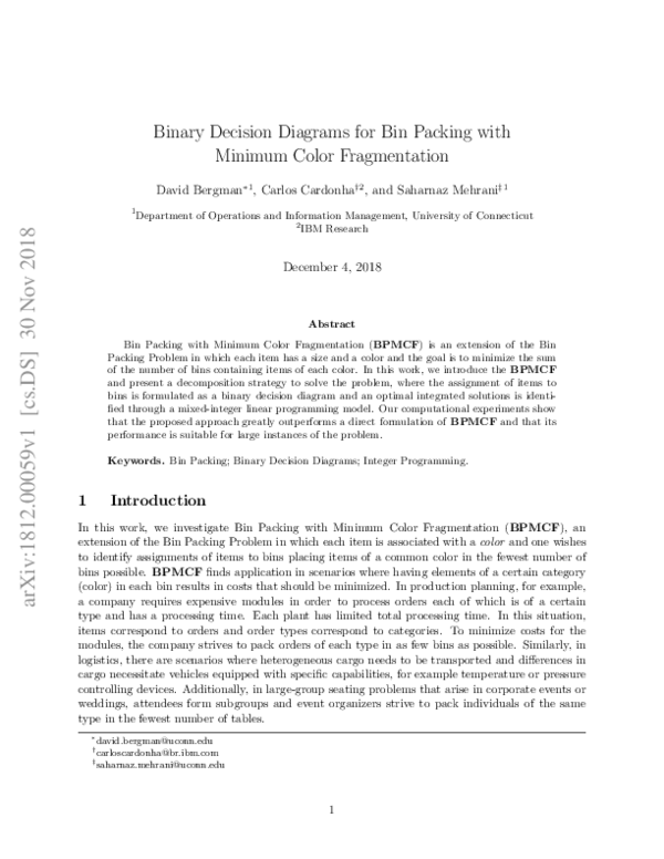(PDF) Binary Decision Diagrams for Bin Packing with Minimum Color ...