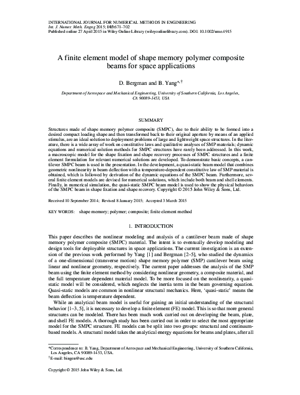 (PDF) A finite element model of shape memory polymer composite beams for space applications