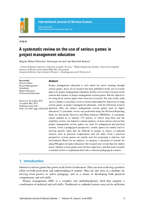 (PDF) Systematic Review on the Use of Serious Games in Project ...