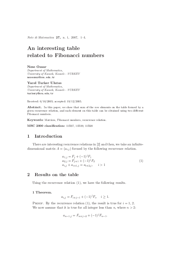 (PDF) An interesting table related to Fibonacci numbers