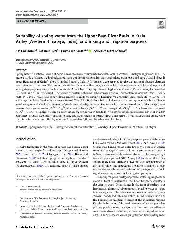 (PDF) Suitability of spring water from the Upper Beas River Basin in ...