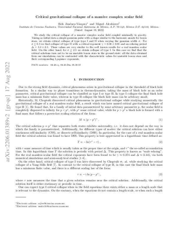 Pdf Critical Gravitational Collapse Of A Massive Complex Scalar Field
