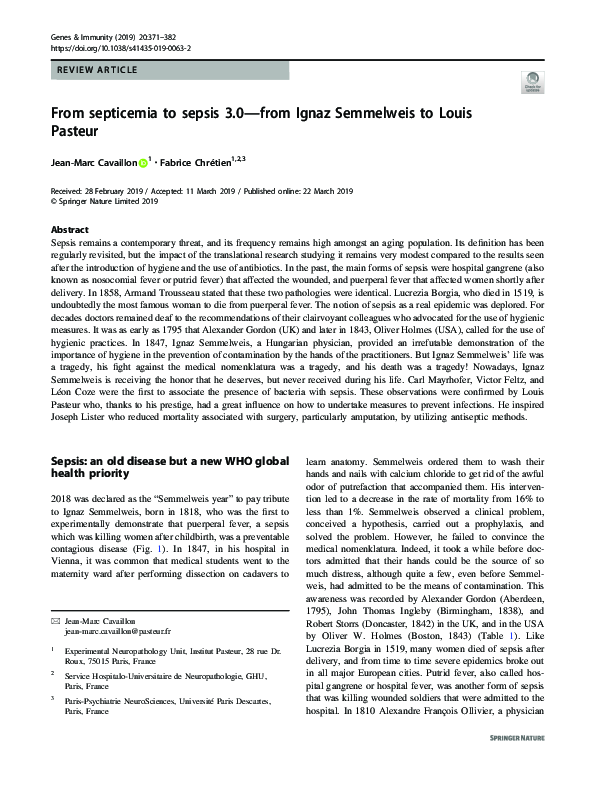 (PDF) From septicemia to sepsis 3.0—from Ignaz Semmelweis to Louis ...