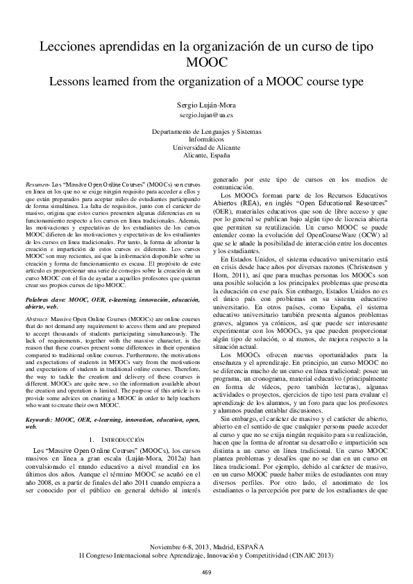 (PDF) Lecciones aprendidas en la organización de un curso de tipo MOOC