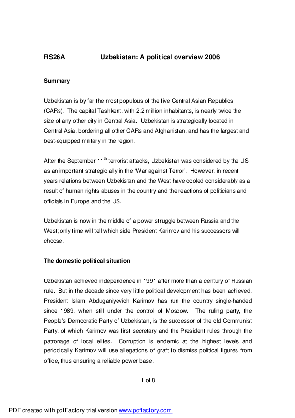 (PDF) RS26A The Stans Series : Uzbekistan - A political overview 2006