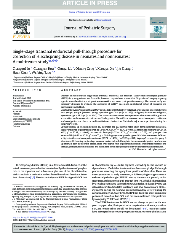 (PDF) Single-stage transanal endorectal pull-through for Hirschsprung's ...