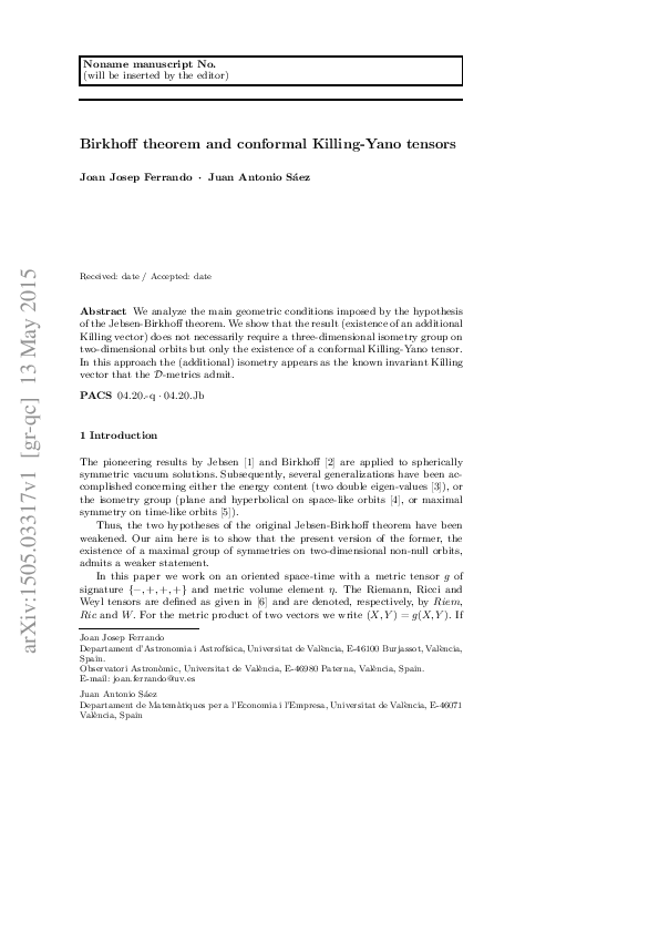(PDF) Birkhoff theorem and conformal Killing–Yano tensors