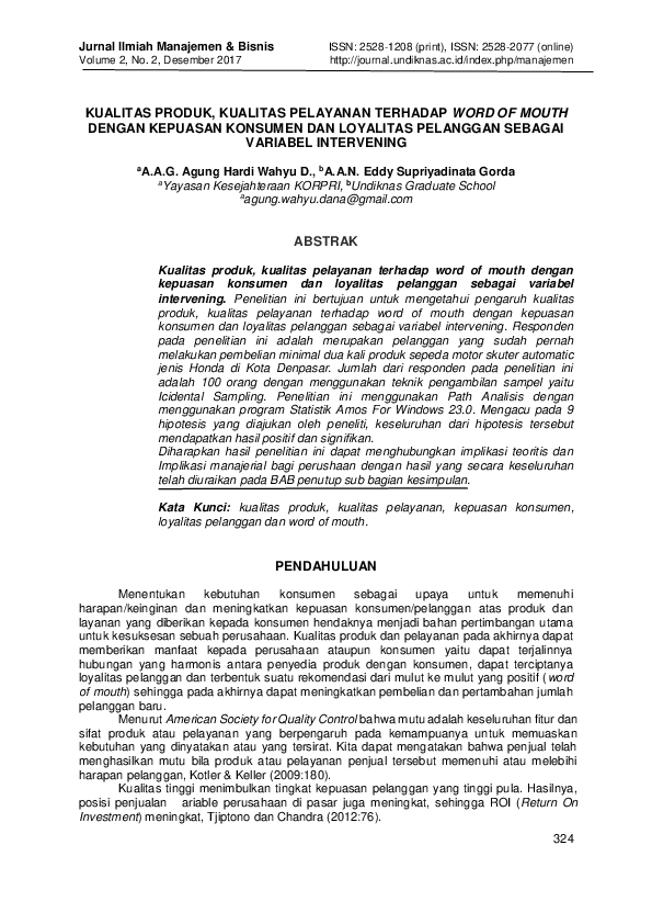 (PDF) Kualitas Produk, Kualitas Pelayanan Terhadap Word of Mouth Dengan Kepuasan Konsumen Dan ...