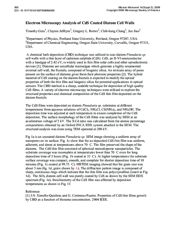 (PDF) Electron Microscopy Analysis of CdS Coated Diatom Cell Walls
