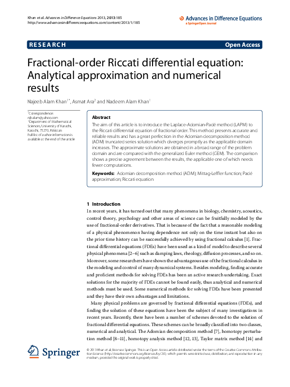 (PDF) Fractional-order Riccati differential equation: Analytical approximation and numerical results