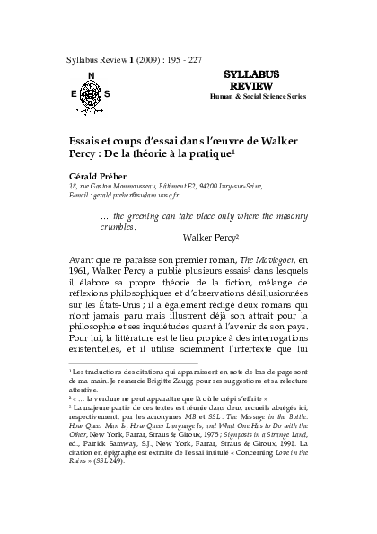 (PDF) Essais et coups d'essai dans l'œuvre de Walker Percy : De la ...