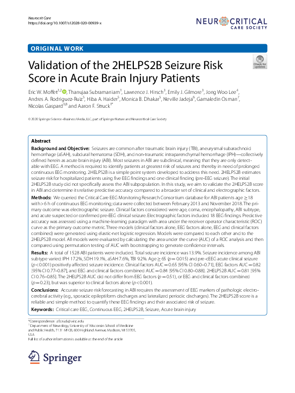 (PDF) Validation of the 2HELPS2B Seizure Risk Score in Acute Brain ...