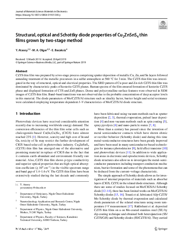 (PDF) Structural, optical and Schottky diode properties of Cu2ZnSnS4 thin films grown by two ...