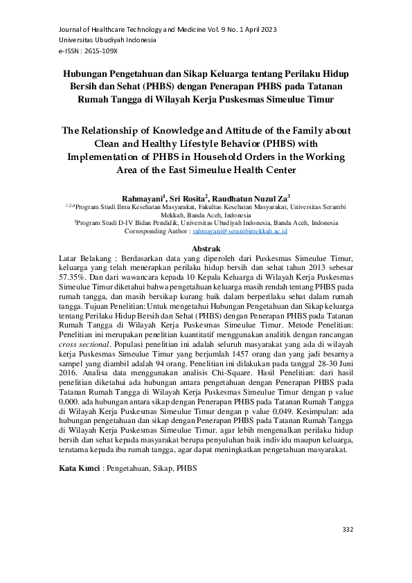 (PDF) Hubungan Pengetahuan dan Sikap Keluarga tentang Perilaku Hidup Bersih dan Sehat (PHBS ...