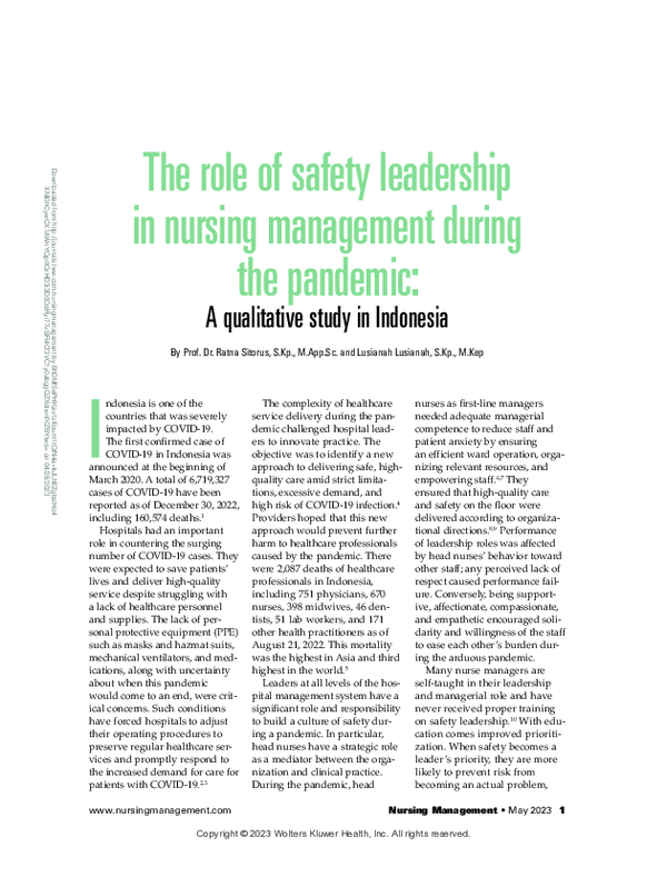 (PDF) The role of safety leadership in nursing management during the pandemic: A qualitative ...