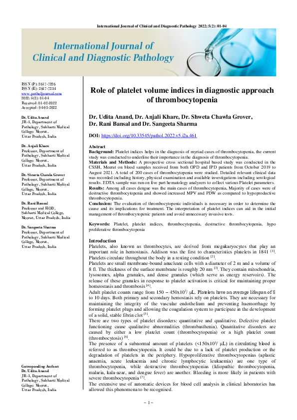 Pdf Role Of Platelet Volume Indices In Diagnostic Approach Of