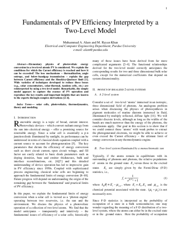 (PDF) Fundamentals of PV efficiency interpreted by a two-level model ...
