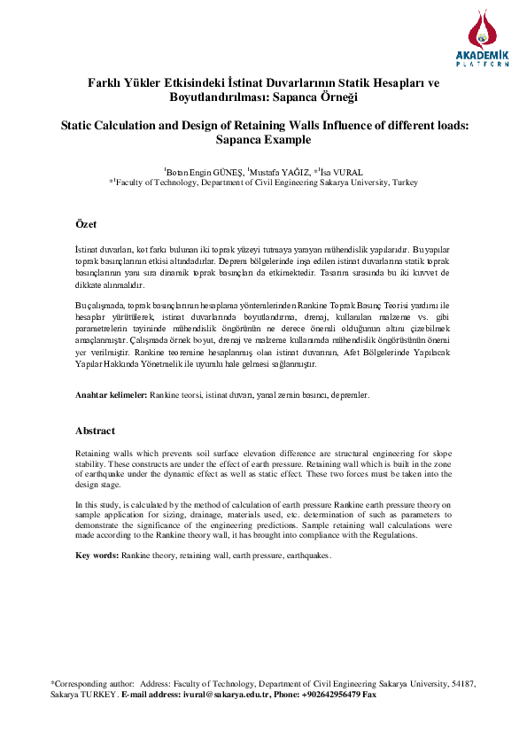 (PDF) Static Calculation and Design of Retaining Walls Influence of different loads : Sapanca ...