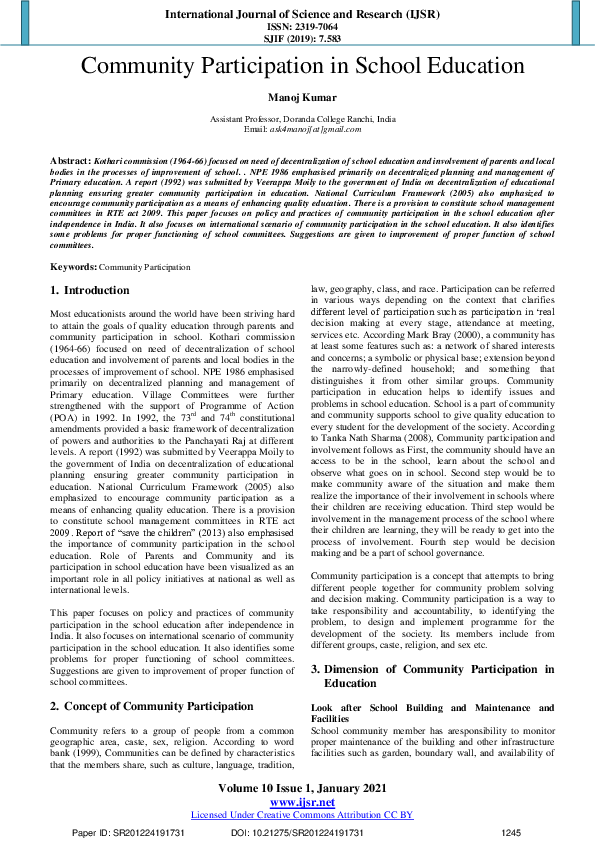 (PDF) Community Participation in School Education