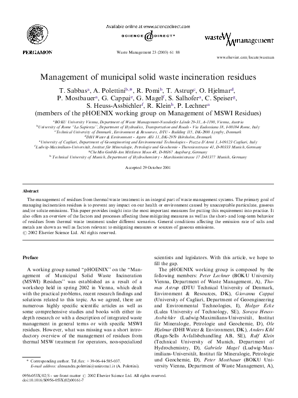 (PDF) Management of municipal solid waste incineration residues