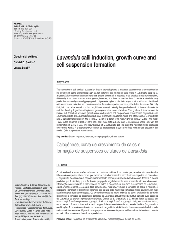 (PDF) Lavandula calli induction, growth curve and cell suspension formation