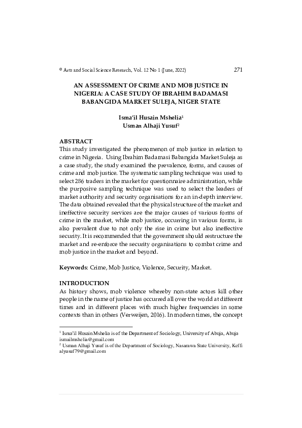 (PDF) AN ASSESSMENT OF CRIME AND MOB JUSTICE IN NIGERIA: A CASE STUDY OF IBRAHIM BADAMASI ...