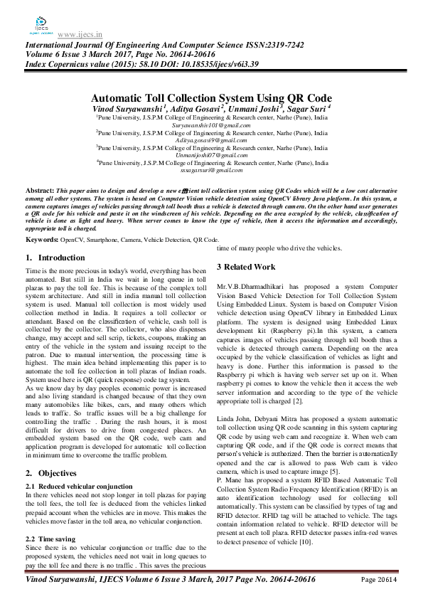 (PDF) Automatic Toll Collection System Using QR Code
