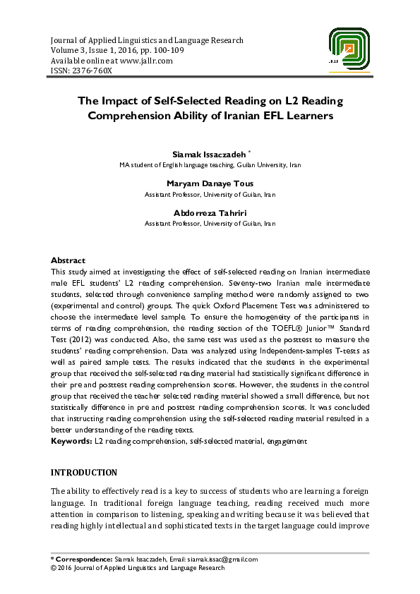 Pdf The Impact Of Self Selected Reading On L2 Reading Comprehension Ability Of Iranian Efl