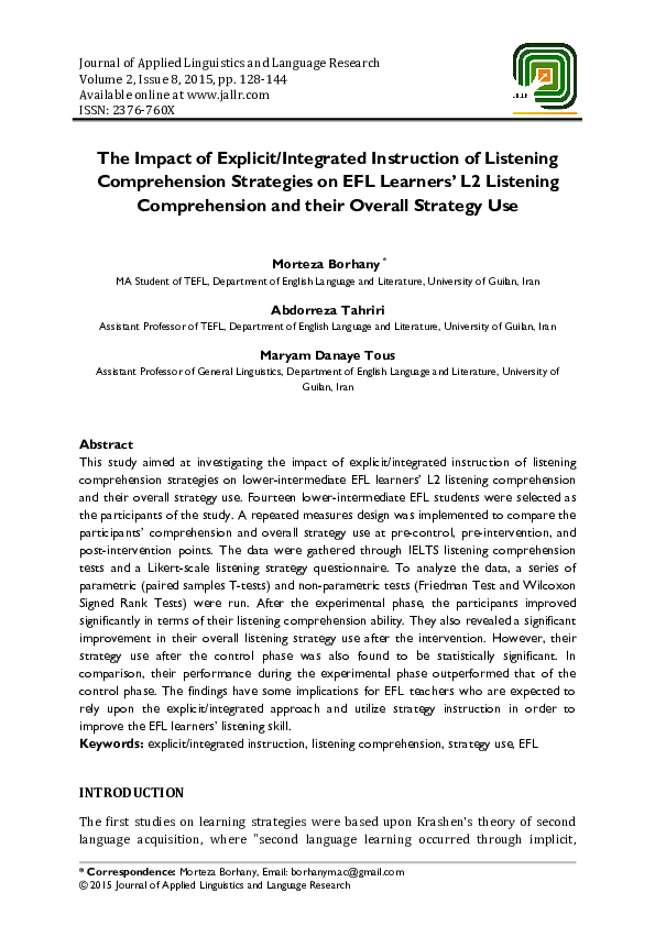 (PDF) The Impact of Explicit/Integrated Instruction of Listening Comprehension Strategies on EFL ...