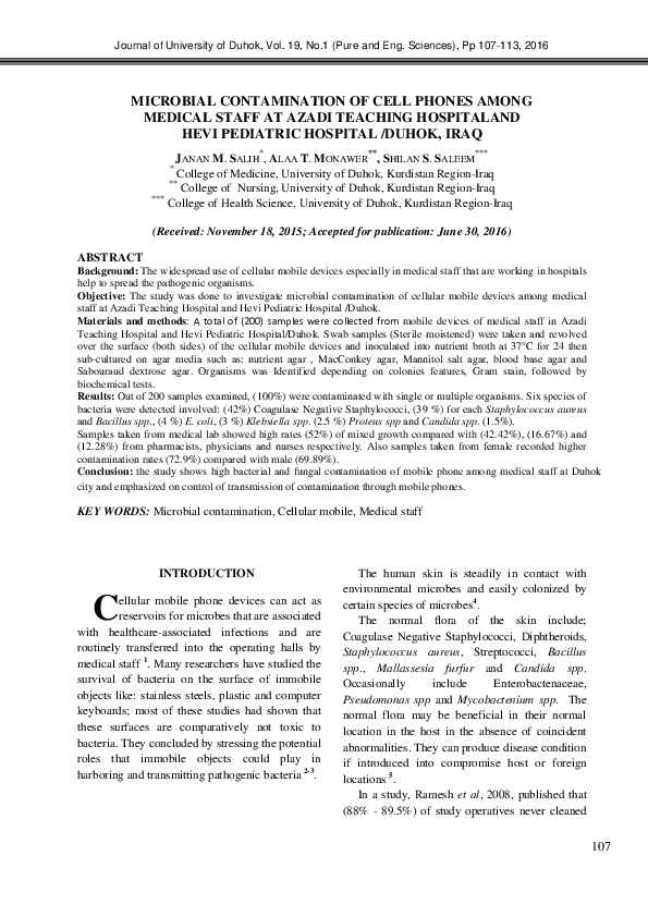(PDF) MICROBIAL CONTAMINATION OF CELL PHONES AMONG MEDICAL STAFF AT ...