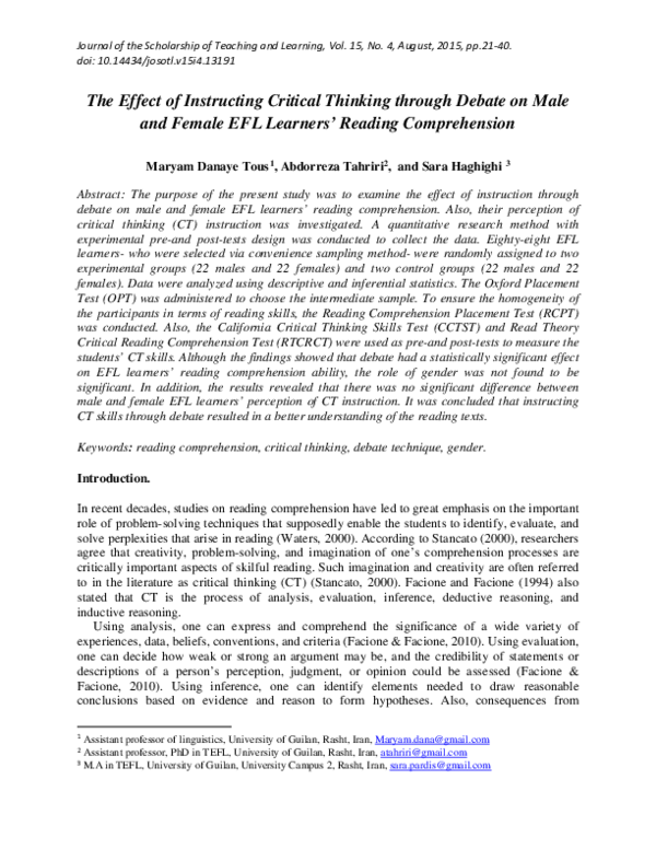 (PDF) The effect of instructing critical thinking through debate on the EFL learners’ reading ...
