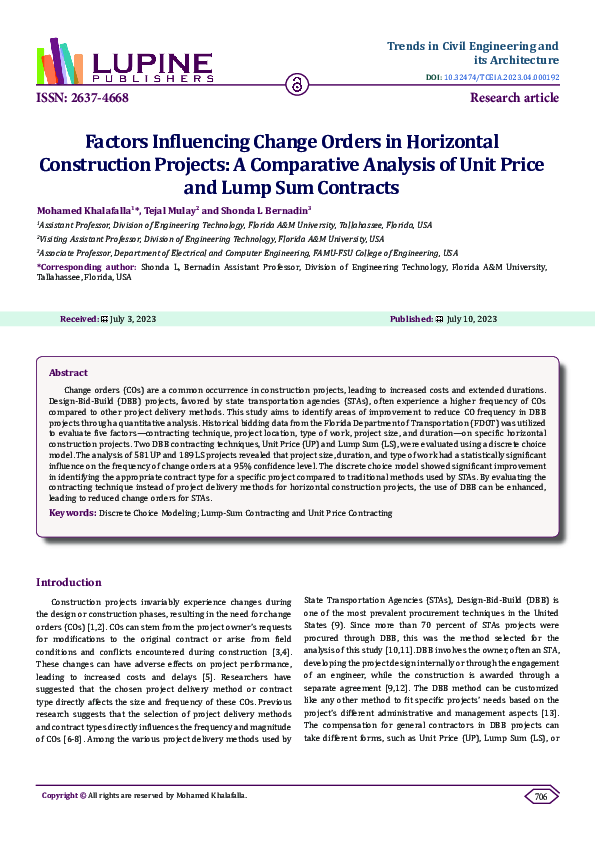 (PDF) Factors Influencing Change Orders in Horizontal Construction ...