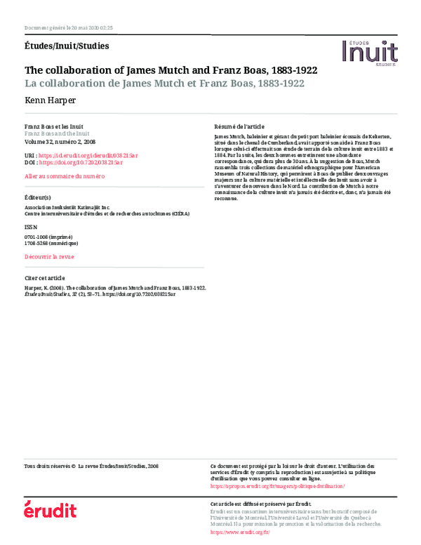(PDF) The collaboration of James Mutch and Franz Boas, 1883-1922 | Kenn ...