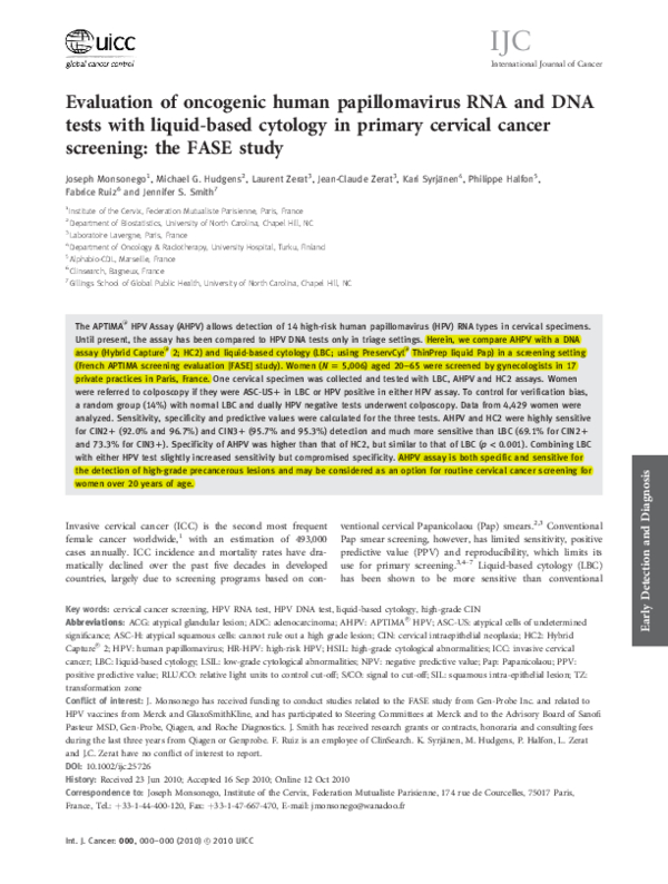 (PDF) Evaluation of oncogenic human papillomavirus RNA and DNA tests ...