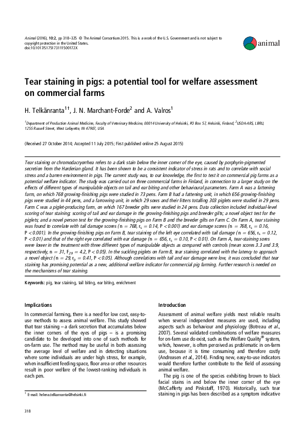 Tear staining in pigs: a potential tool for welfare assessment on commercial farms