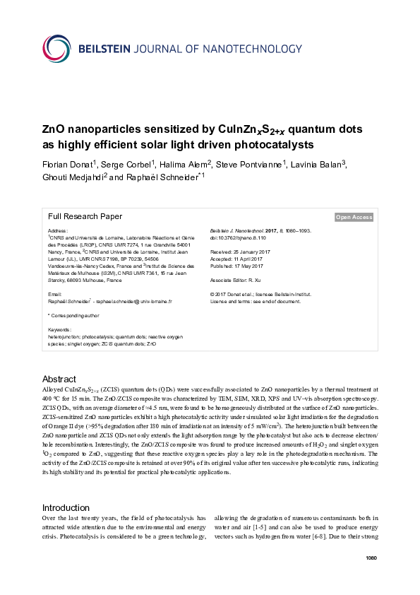 (PDF) ZnO nanoparticles sensitized by CuInZnxS2+x quantum dots as highly efficient solar light ...