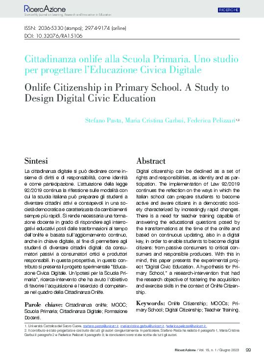 (PDF) Cittadinanza onlife alla Scuola Primaria. Uno studio per progettare l’Educazione Civica ...