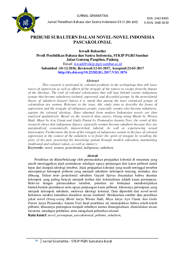 (PDF) Pribumi Subaltern Dalam Novel-Novel Indonesia Pascakolonial