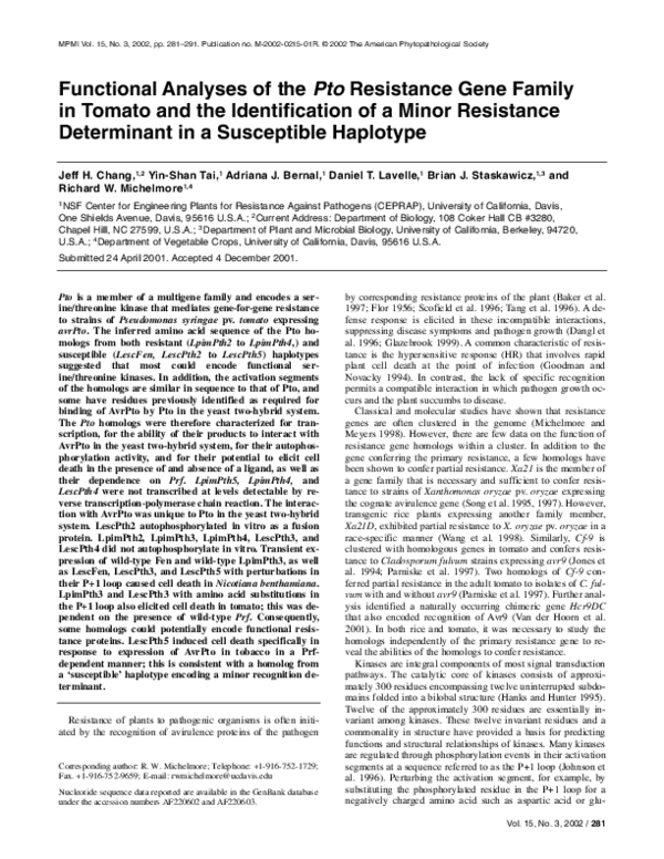 (PDF) Functional Analyses of the Pto Resistance Gene Family in Tomato ...