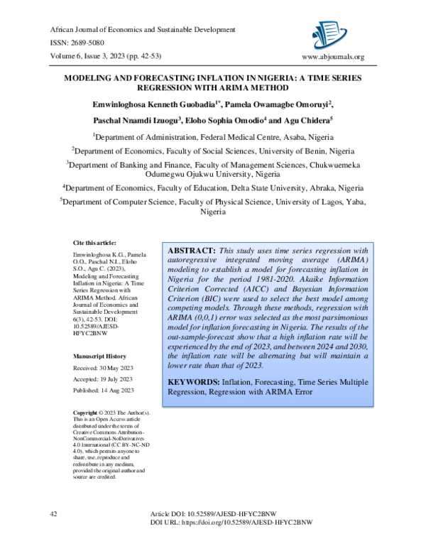 MODELING AND FORECASTING INFLATION IN NIGERIA: A TIME SERIES REGRESSION ... MODELING AND FORECASTING INFLATION IN NIGERIA: A TIME SERIES REGRESSION ...