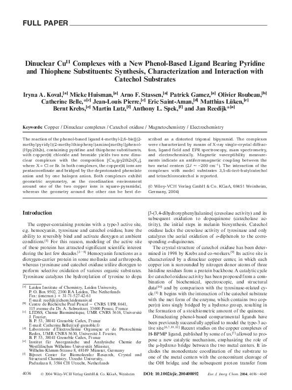 (PDF) Dinuclear Cu II Complexes with a New Phenol‐Based Ligand Bearing Pyridine and Thiophene ...