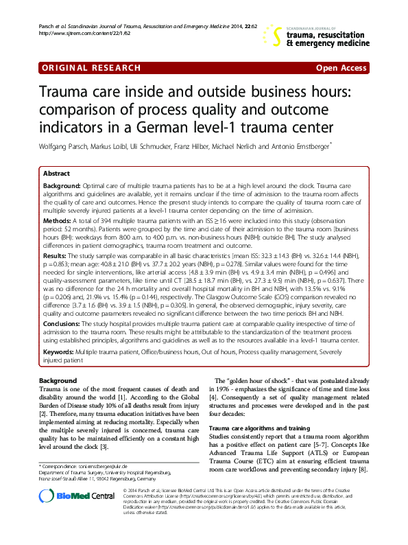 (PDF) Trauma care inside and outside business hours: comparison of ...