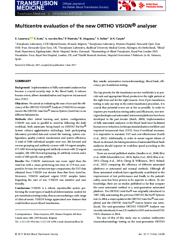 (PDF) Multicentre evaluation of the new ORTHO VISION®analyser