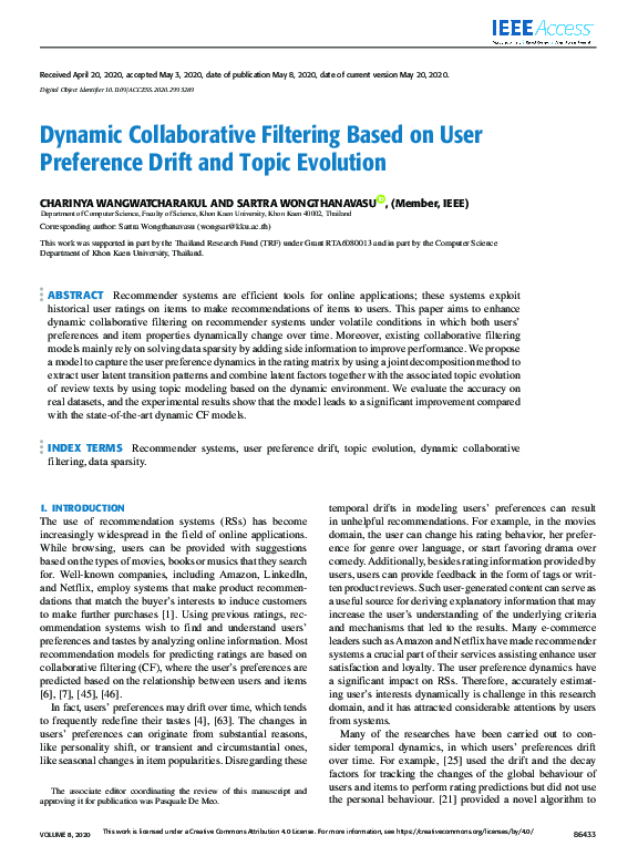 (PDF) Dynamic Collaborative Filtering Based on User Preference Drift and Topic Evolution