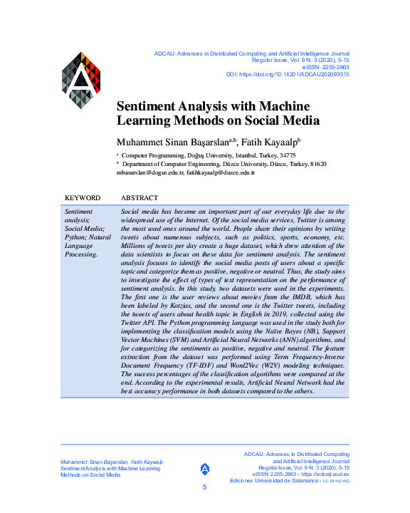 (PDF) Sentiment Analysis with Machine Learning Methods on Social Media