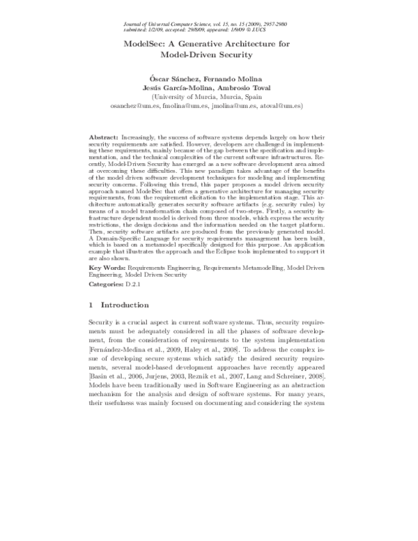 Pdf Modelsec A Generative Architecture For Model Driven Security