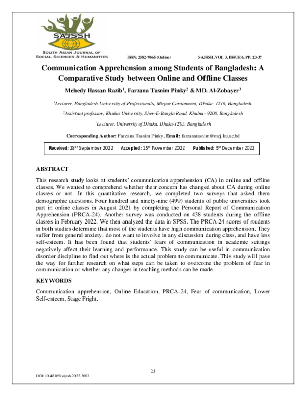 (PDF) Communication Apprehension among Students of Bangladesh: A Comparative Study between ...